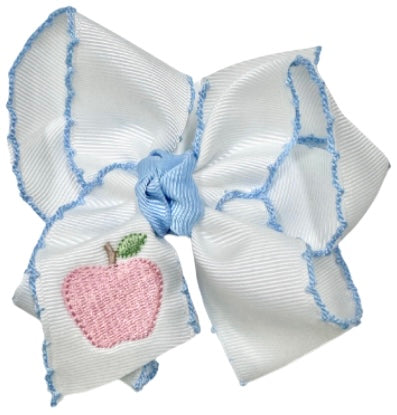 White w/ Blue Trim Apple Embroidered Bow - Small – Children's Edit